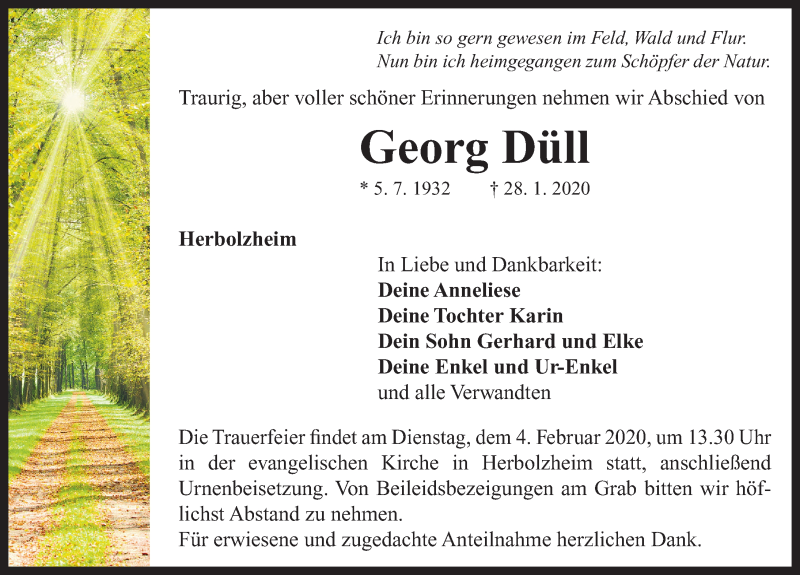 Traueranzeigen von Georg Düll | trauer.flz.de