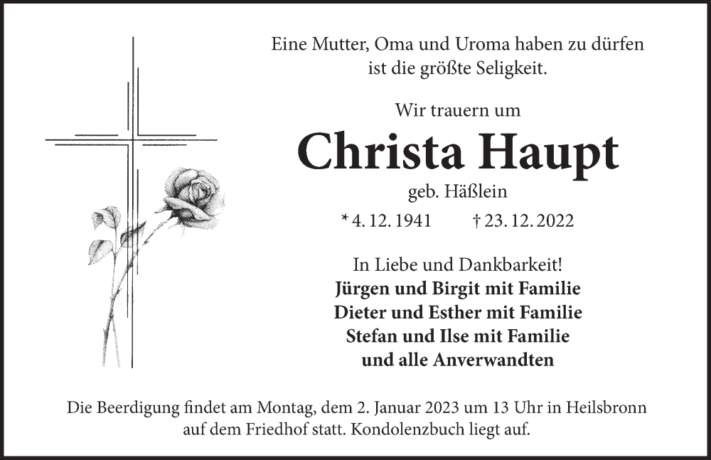 Traueranzeigen von Christa Haupt | trauer.flz.de