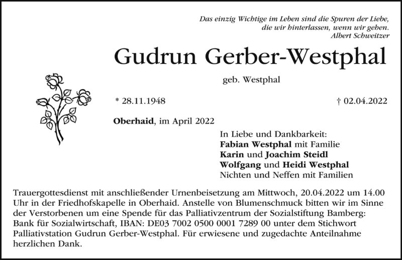 Traueranzeigen von Gudrun Gerber-Westphal | trauer.flz.de