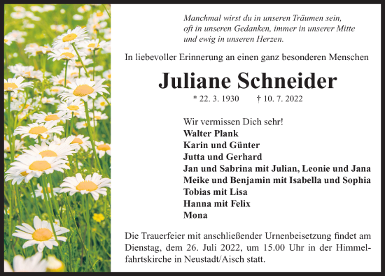 Traueranzeigen von Juliane Schneider | trauer.flz.de