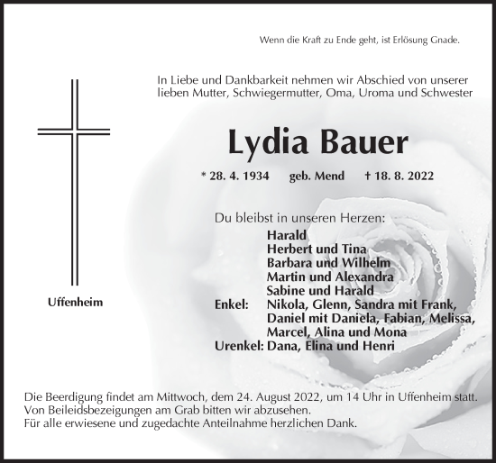 Traueranzeigen von Lydia Bauer | trauer.flz.de