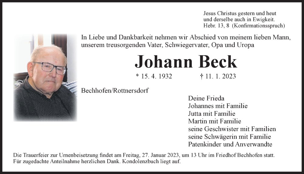 Traueranzeigen von Johann Beck | trauer.flz.de