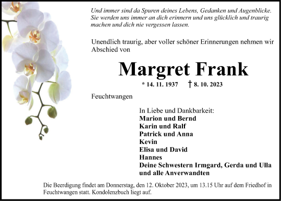 Traueranzeigen von Margret Frank | trauer.flz.de