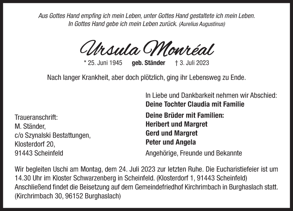 Traueranzeigen von Ursula Monréal | trauer.flz.de
