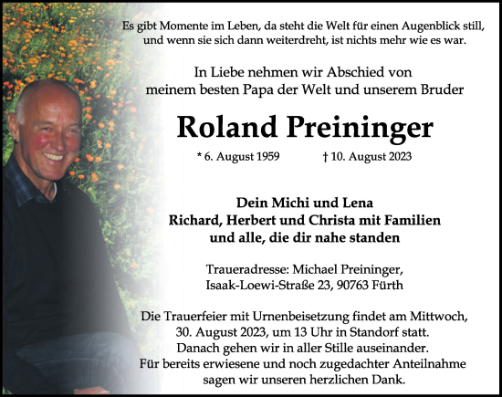 Traueranzeigen von Roland Preininger | trauer.flz.de