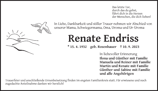 Traueranzeigen von Renate Endriss | trauer.flz.de