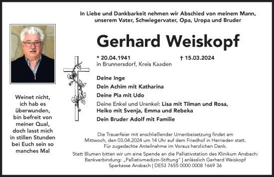 Traueranzeigen von Gerhard Weiskopf | trauer.flz.de