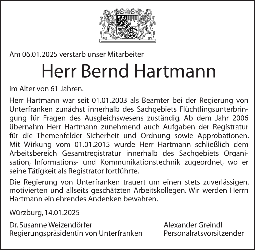 Traueranzeigen von Bernd Hartmann | trauer.flz.de