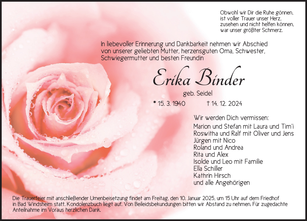 Traueranzeigen von Erika Binder | trauer.flz.de