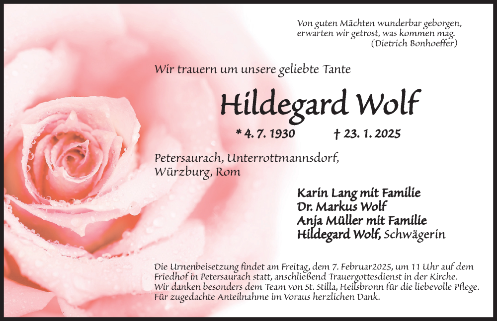 Traueranzeigen von Hildegard Wolf | trauer.flz.de