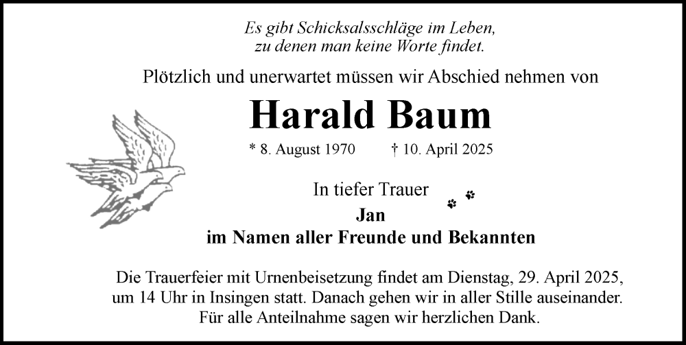 Traueranzeigen von Harald Baum | trauer.flz.de
