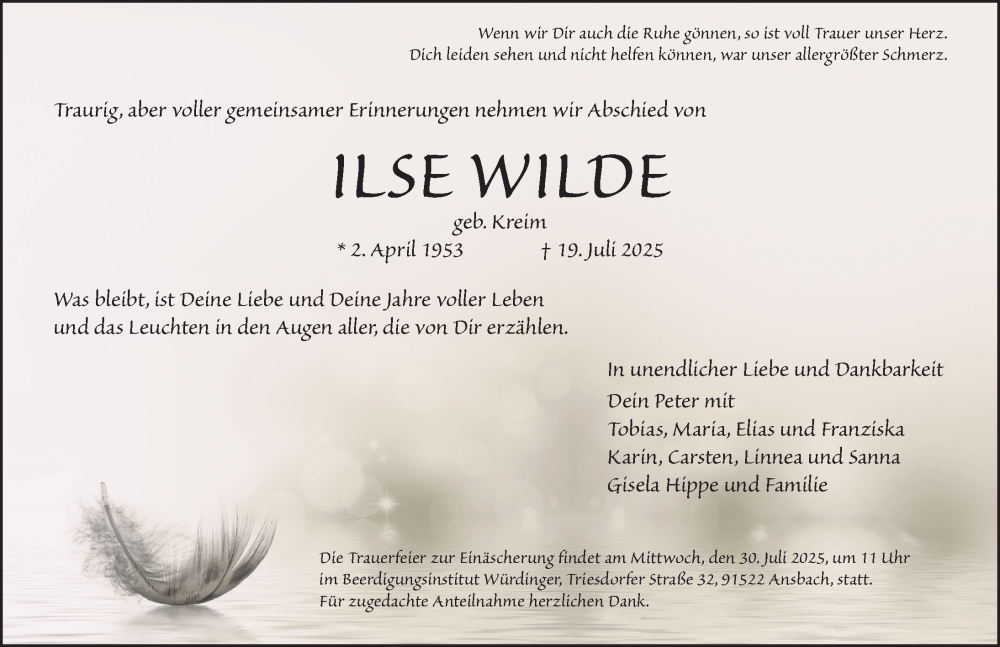 Traueranzeigen von Ilse Wilde | trauer.flz.de