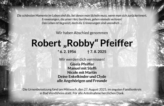 Traueranzeigen von Robert Pfeiffer | trauer.flz.de