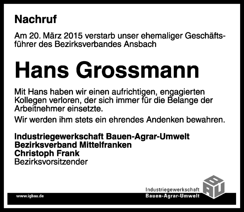 Traueranzeigen von Hans Grossmann | trauer.flz.de