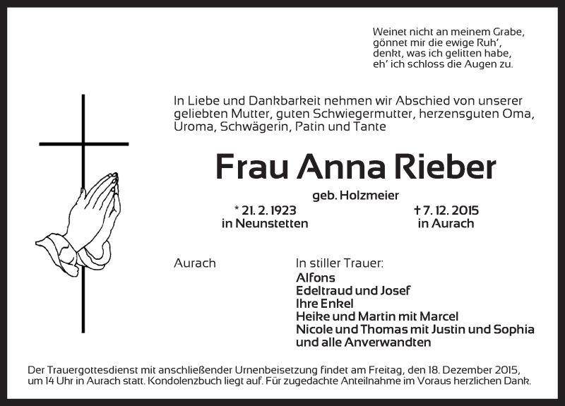 Traueranzeigen von Anna Rieber | trauer.flz.de