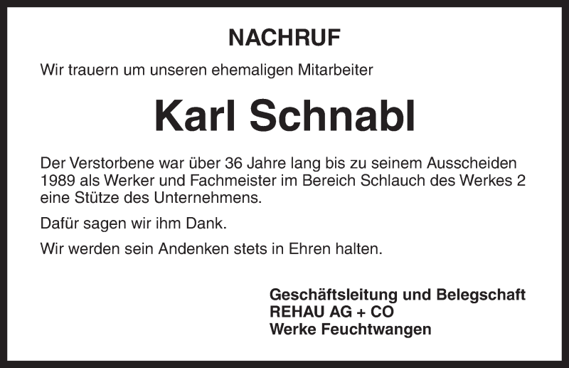 Traueranzeigen von Karl Schnabl | trauer.flz.de