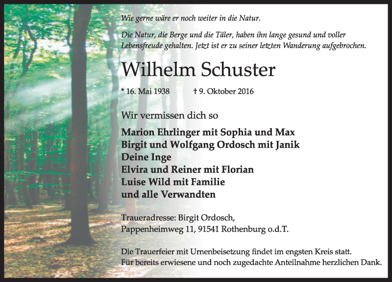 Traueranzeigen von Wilhelm Schuster | trauer.flz.de