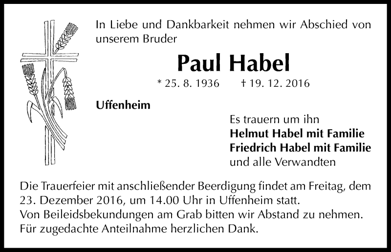 Traueranzeigen von Paul Habel | trauer.flz.de