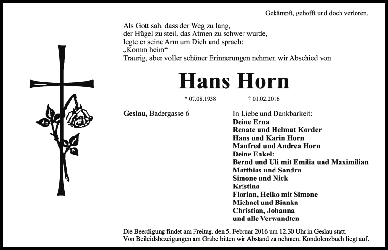 Traueranzeigen von Hans Horn | trauer.flz.de
