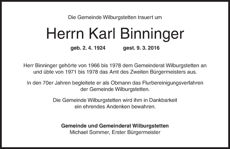 Traueranzeigen von Karl Binninger | trauer.flz.de