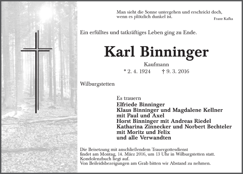 Traueranzeigen von Karl Binninger | trauer.flz.de