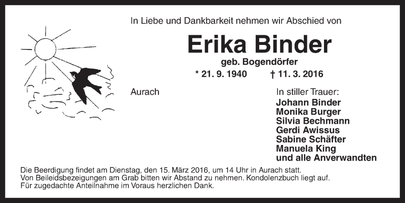 Traueranzeigen von Erika Binder | trauer.flz.de