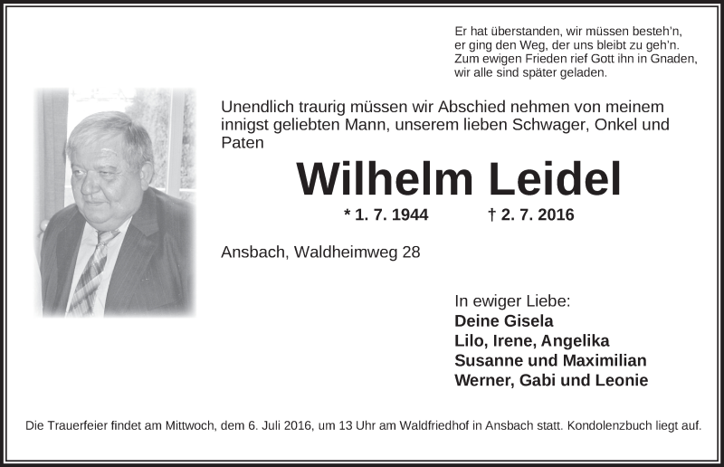 Traueranzeigen von Wilhelm Leidel | trauer.flz.de