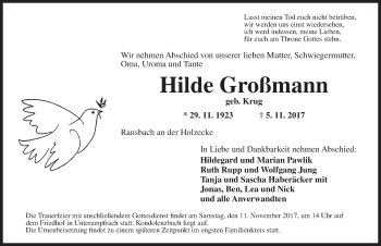 Traueranzeigen von Hilde Großmann | trauer.flz.de