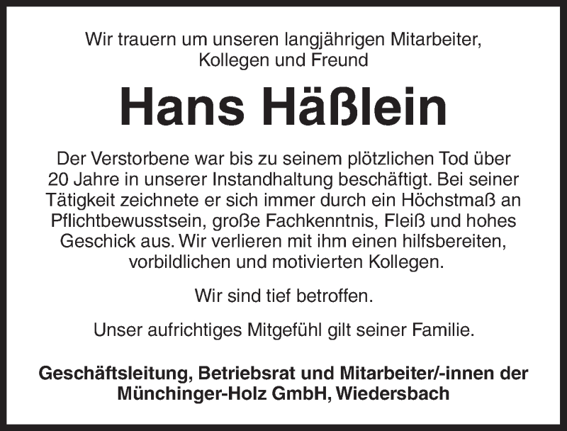 Traueranzeigen von Hans Häßlein | trauer.flz.de